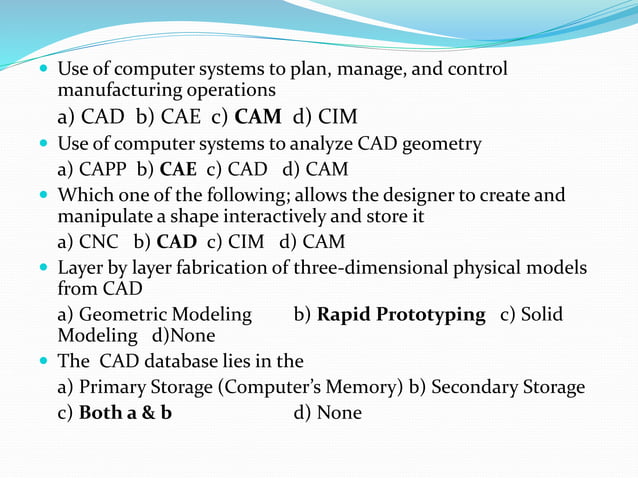 CAD CAM Objective Questions & Multiple drawing environment | PPT