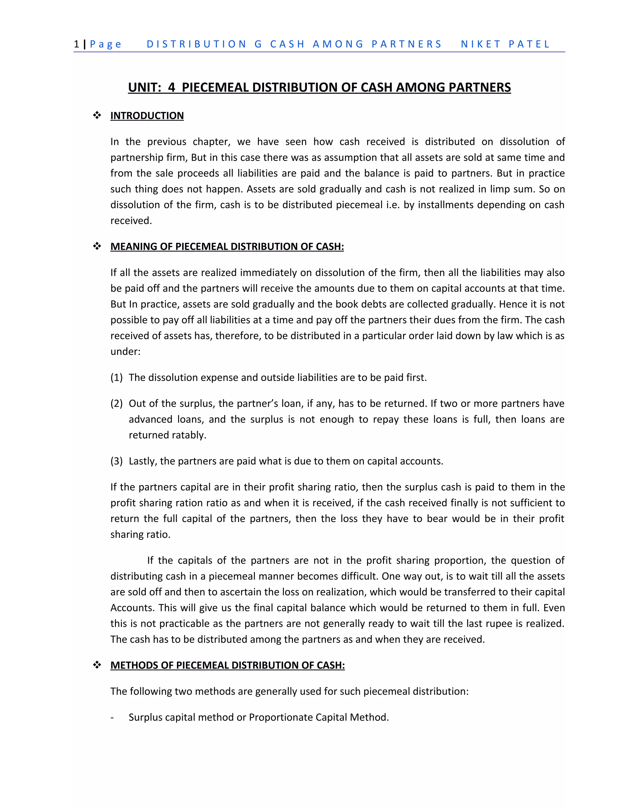 DISTRIBUTION OF CASH AMONG PARTNER | DOC