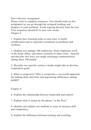 Unit 4 Review Assignment Please write in complete sentences. You.docx