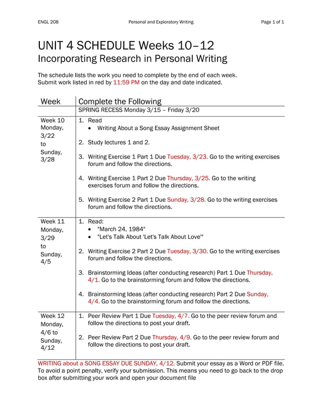 Unit4 schedule engl208_spring | PDF