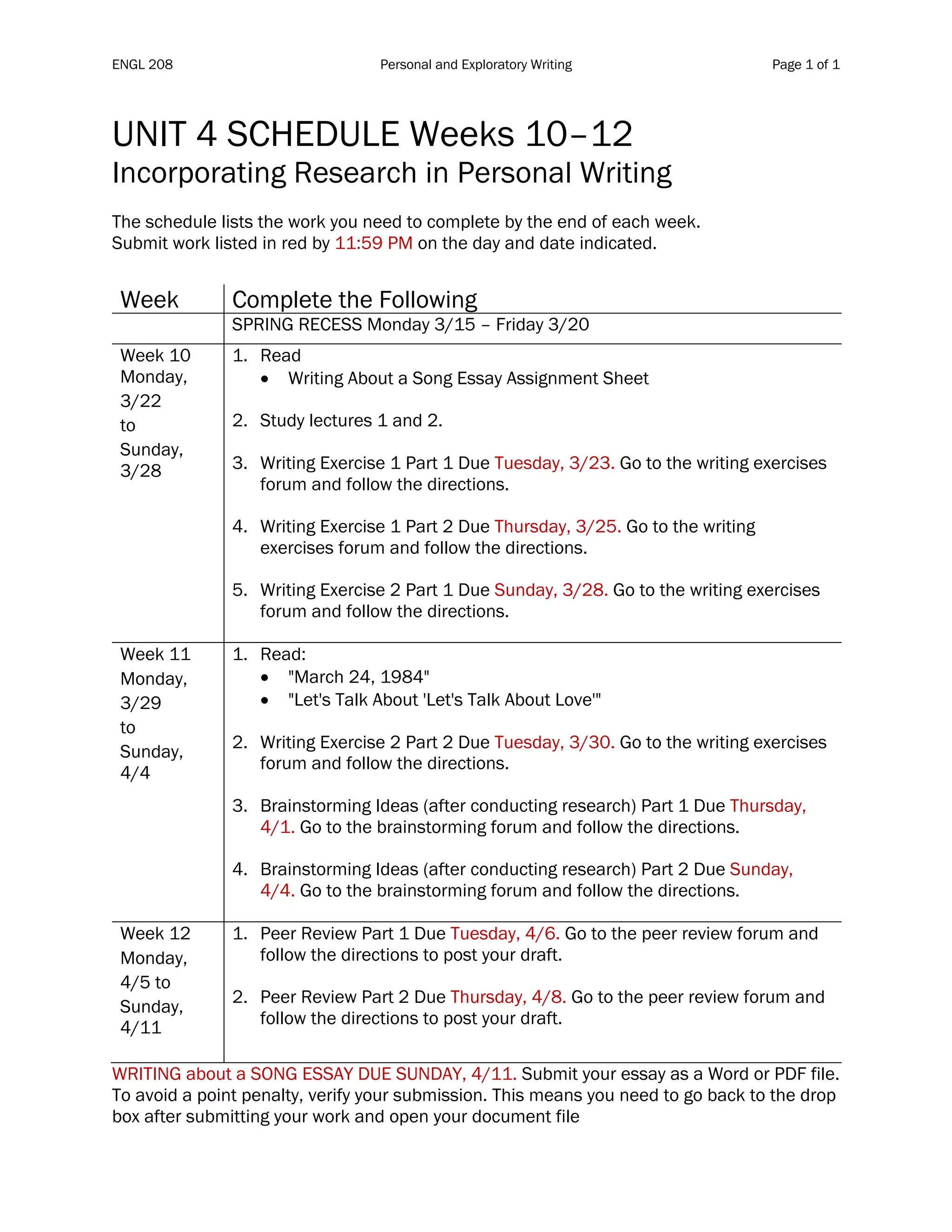 Unit4 schedule engl208_spring | PDF