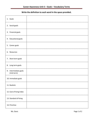 Unit 5 - Goals Vocabulary | PDF | Education