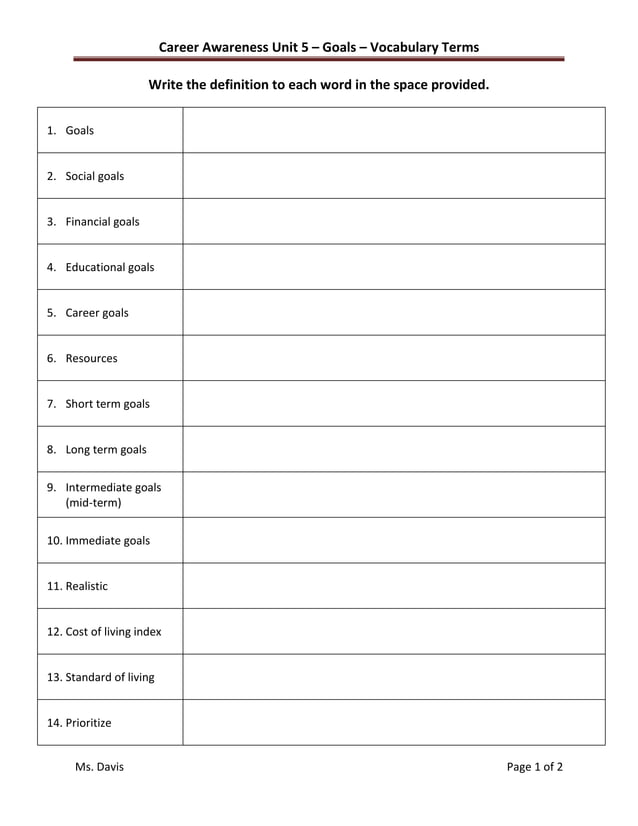 Unit 5 - Goals Vocabulary | PDF