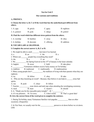 Unit 5- Our customs and traditions- test 1.docx | Wedding | Personal ...