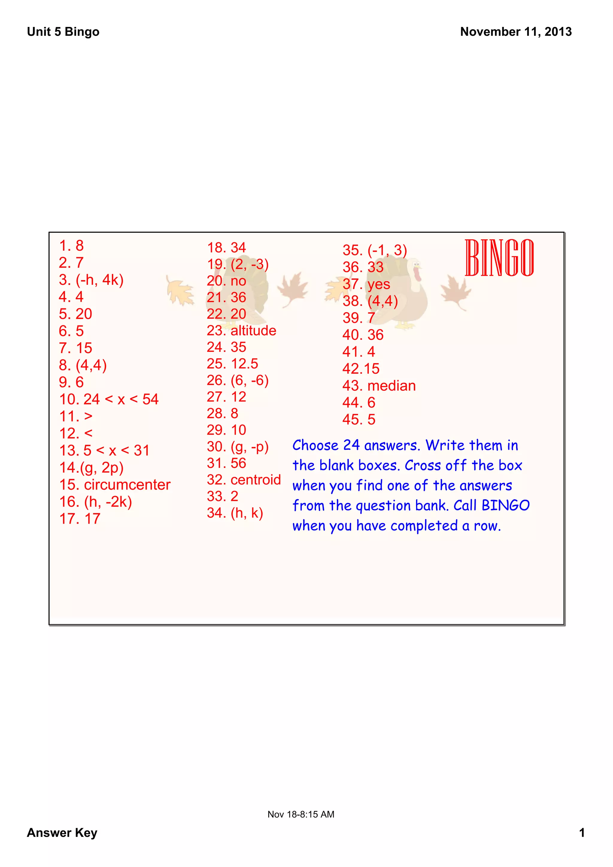 Unit 5 bingo | PDF