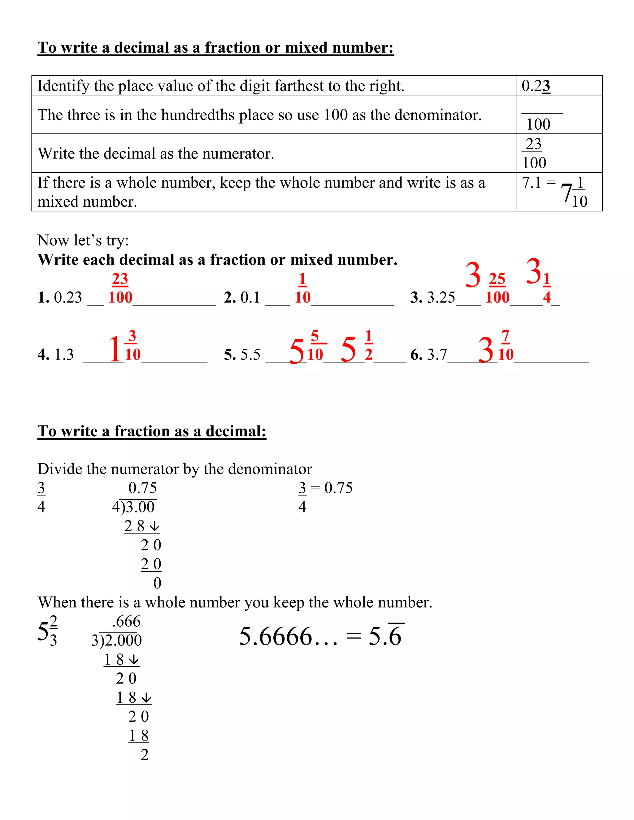 Unit 5 lesson 1 decimals and fractions | DOCX