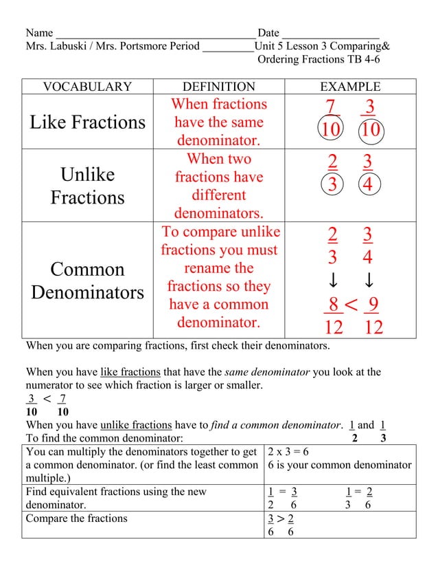 Unit 5 lesson 3 comparing & ordering fractions | PDF