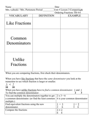 Unit 5 lesson 3 comparing & ordering fractions | PDF