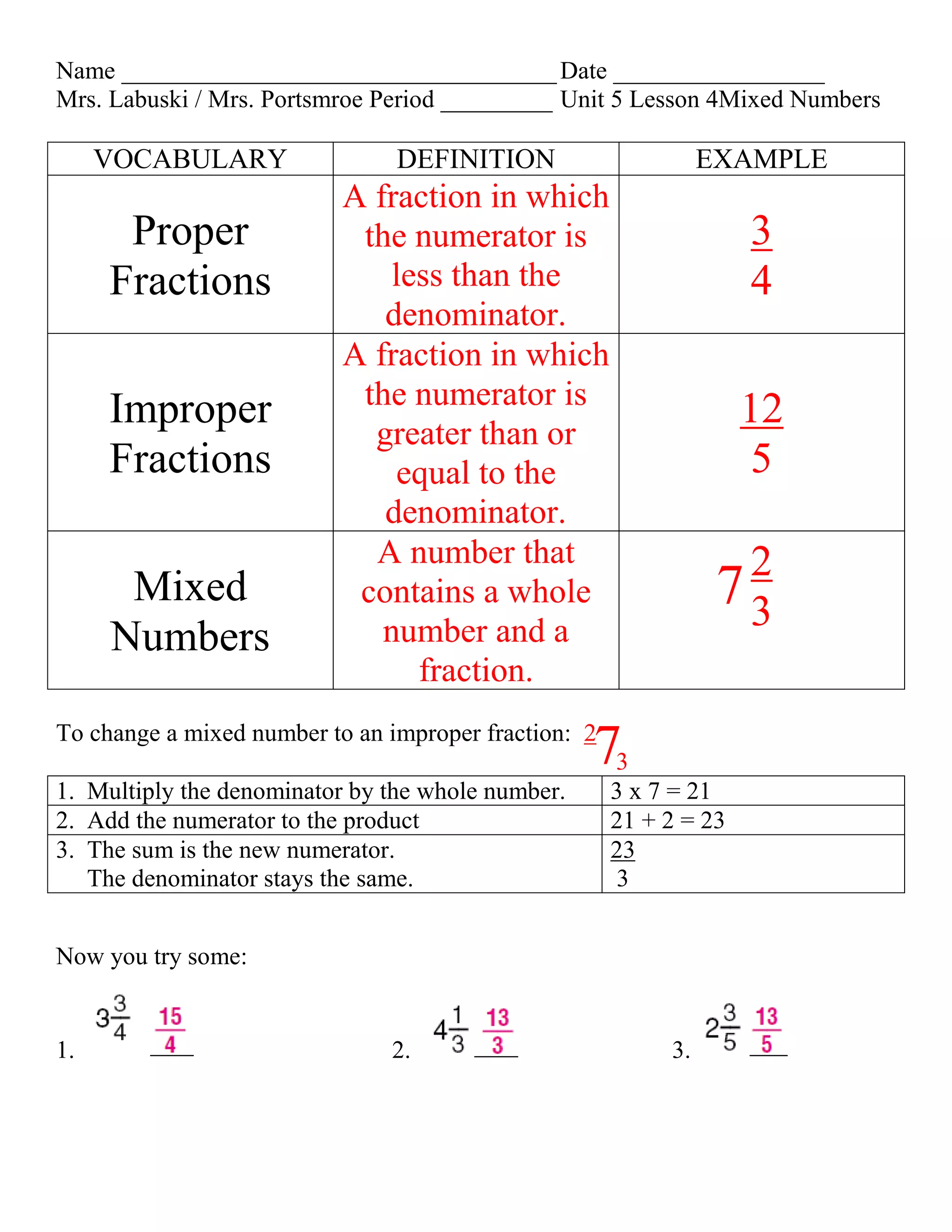 Unit 5 lesson 4 mixed numbers & improper fractions | PDF