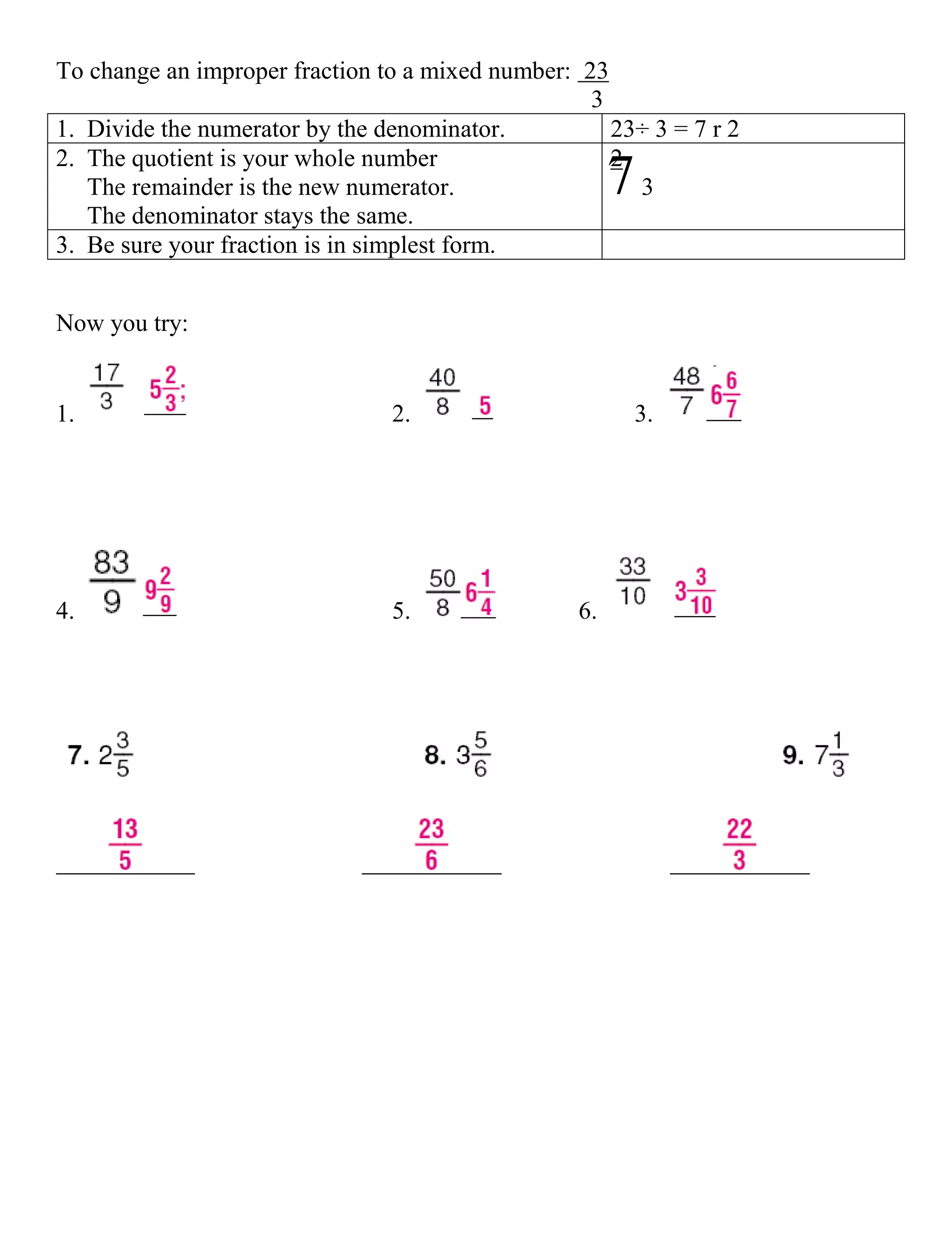 Unit 5 lesson 4 mixed numbers & improper fractions | PDF