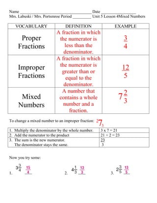 Unit 5 lesson 4 mixed numbers & improper fractions | DOCX