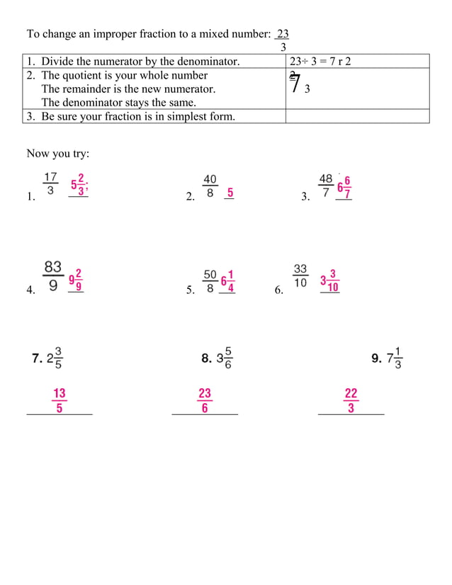 Unit 5 lesson 4 mixed numbers & improper fractions | PDF