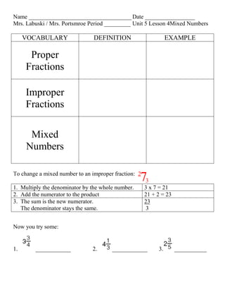 Unit 5 lesson 4 mixed numbers & improper fractions | PDF