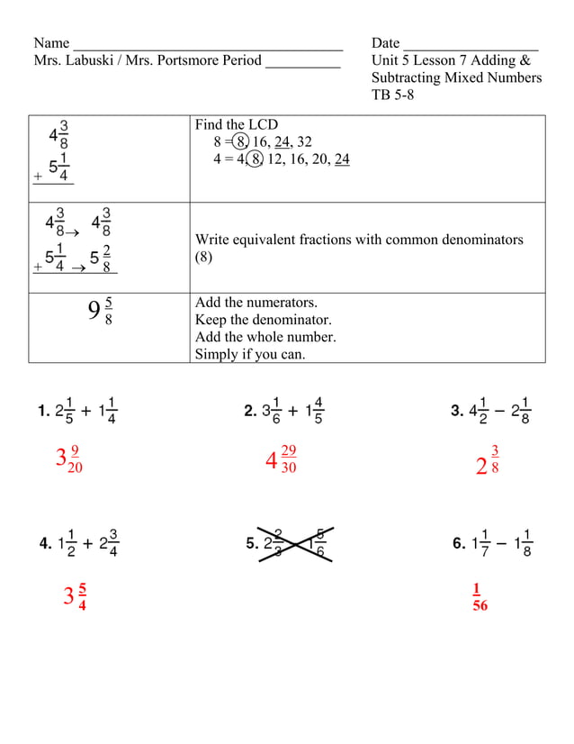Unit 5 lesson 7 adding & subtracting mixed numbers | PDF Unit 5 lesson 7 adding & subtracting mixed numbers | PDF