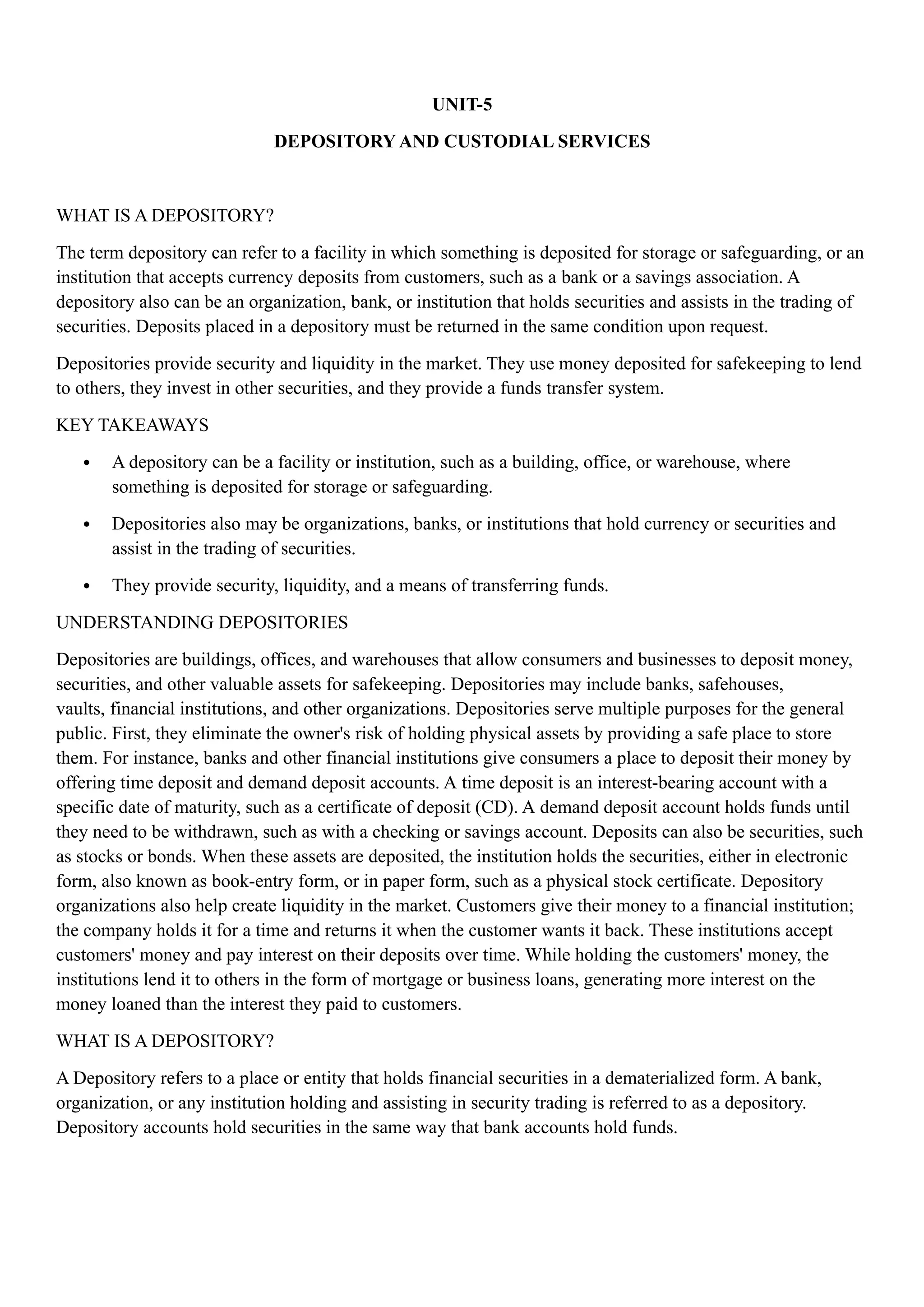 UNIT-5 DEPOSITORY AND CUSTODIAL SERVICES | DOCX