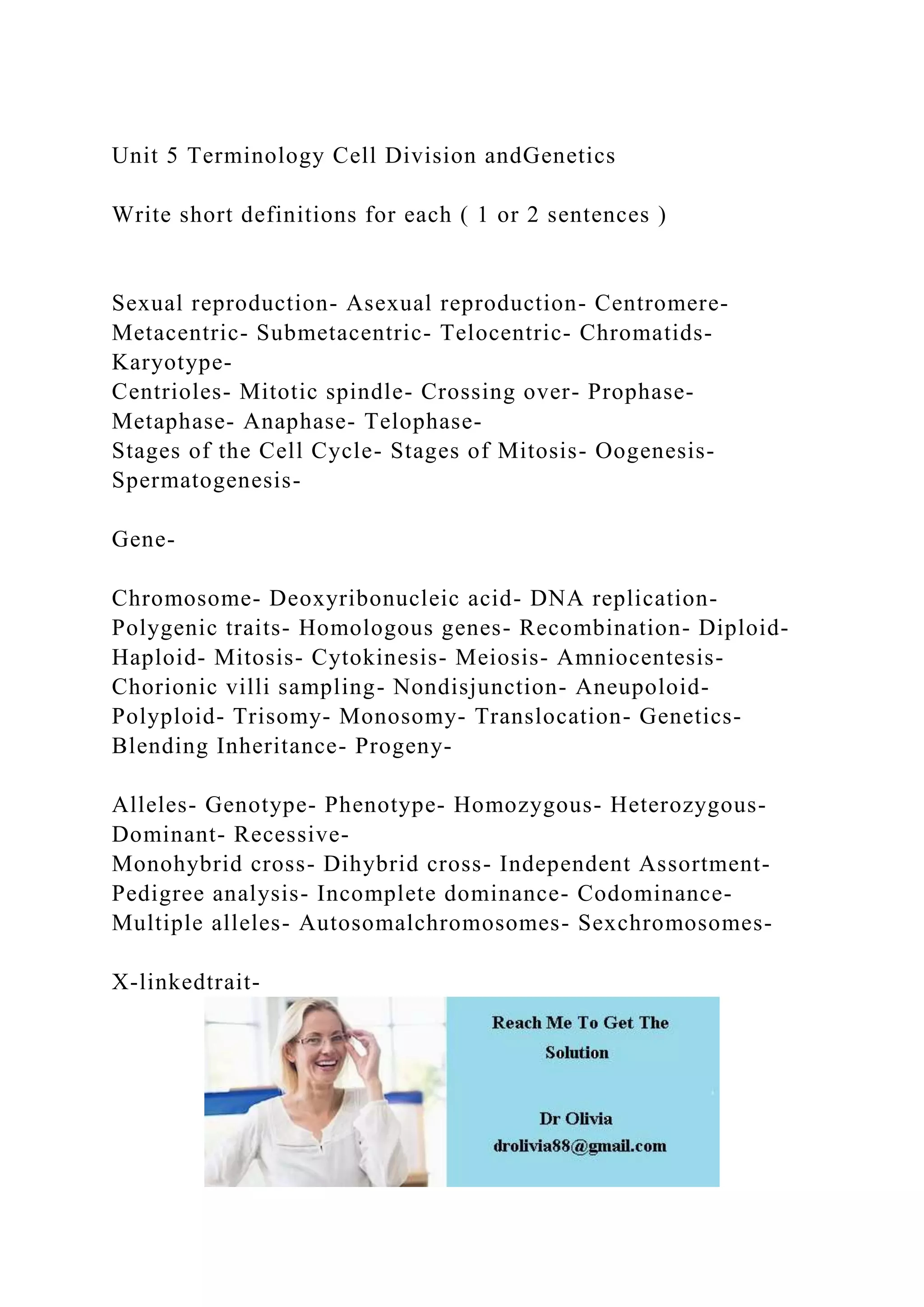 Unit 5 Terminology Cell Division andGeneticsWrite short definiti.docx