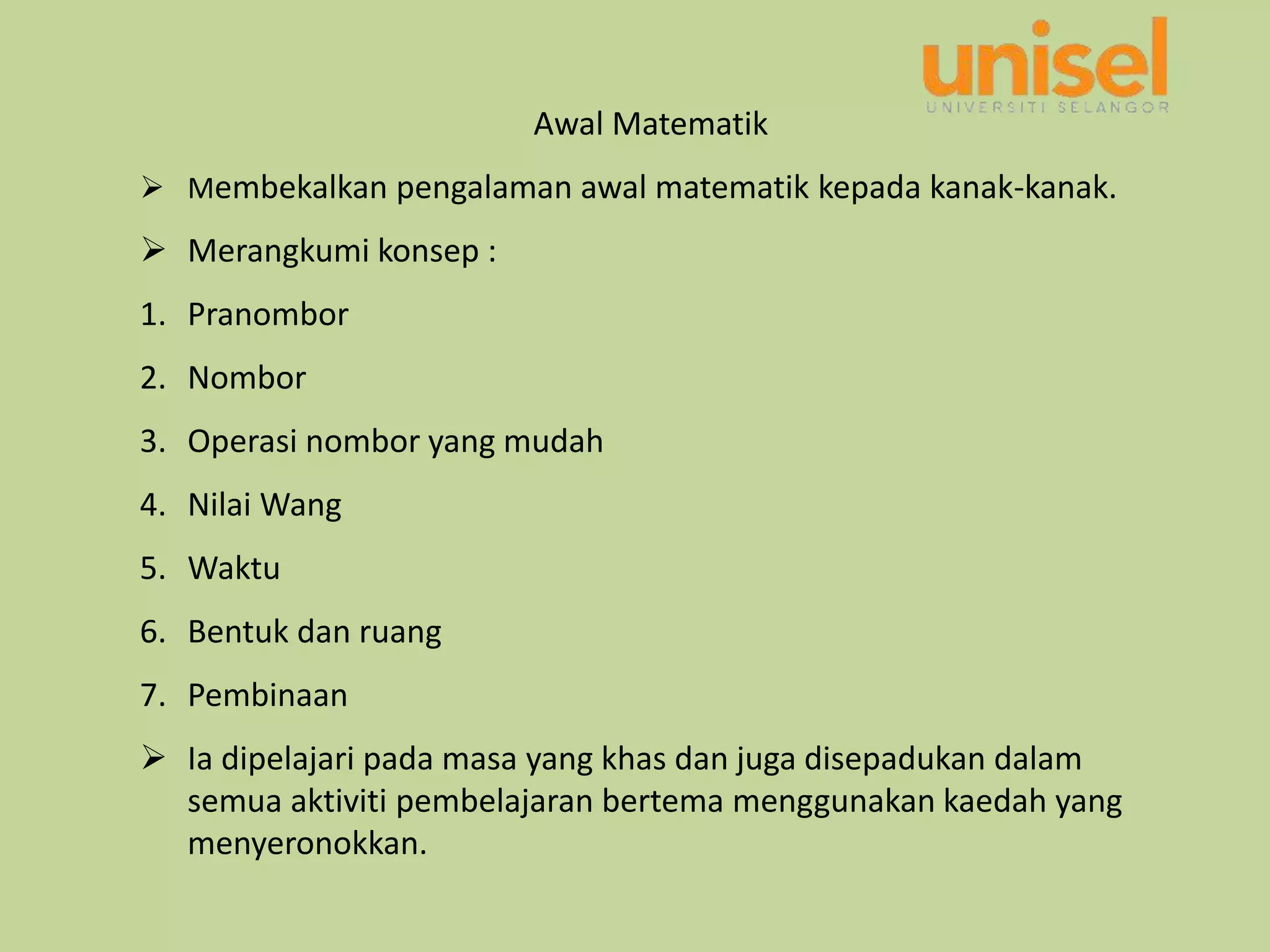 Unit 6 awal matematik dalam kurikulum prasekolah | PPTX