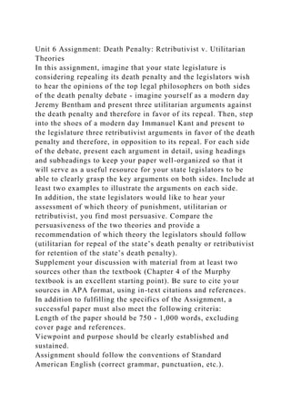 Unit 6 Assignment Death Penalty Retributivist v. Utilitarian Theor.docx