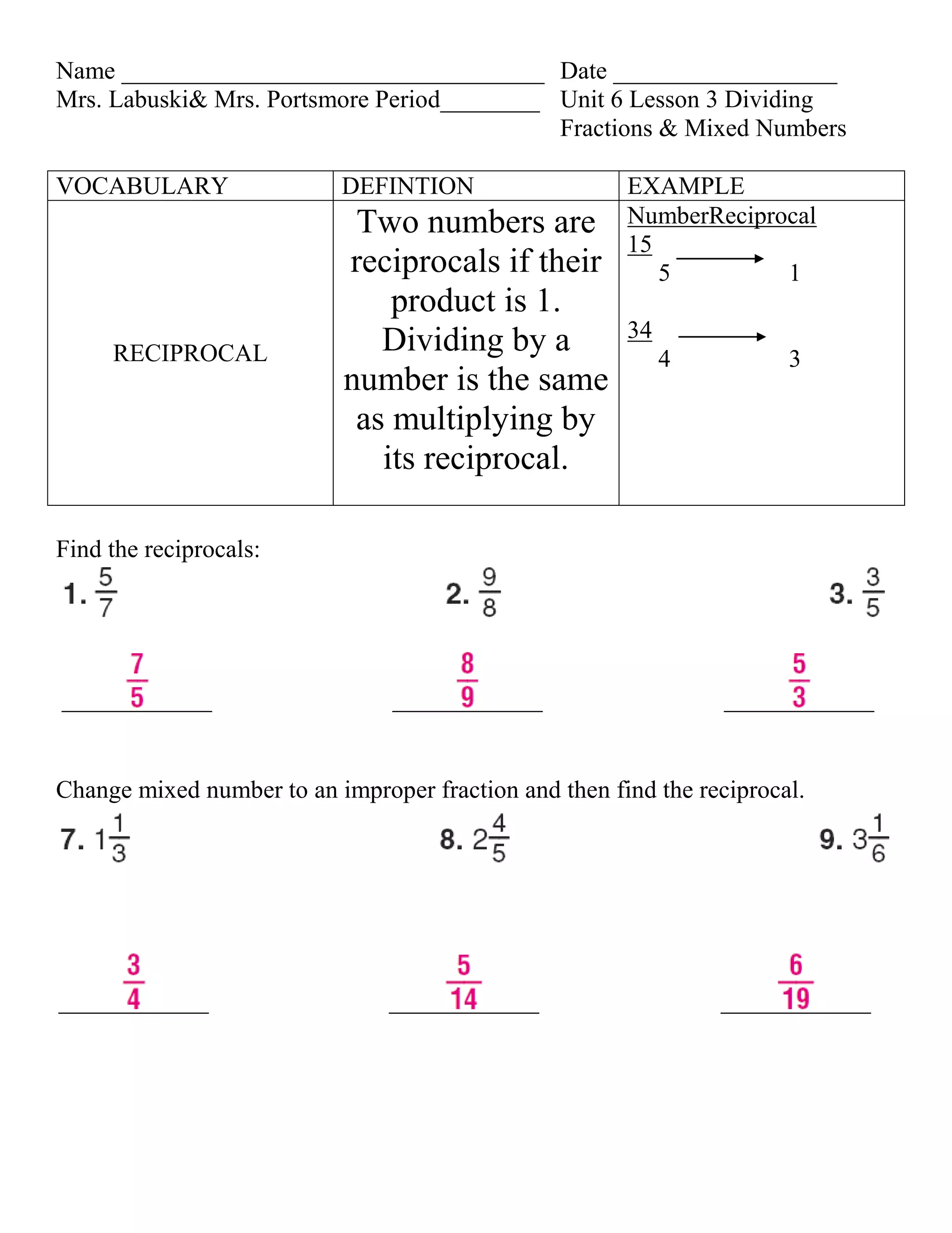 Unit 6 lesson 3 dividing mixed numbers | DOCX