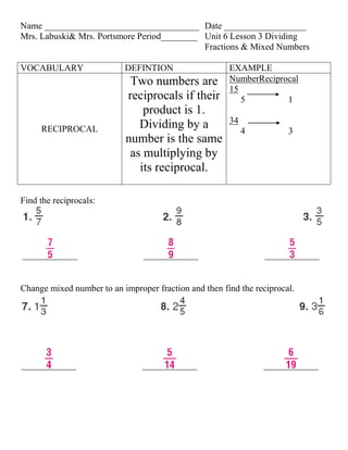 Unit 6 lesson 3 dividing mixed numbers | DOCX
