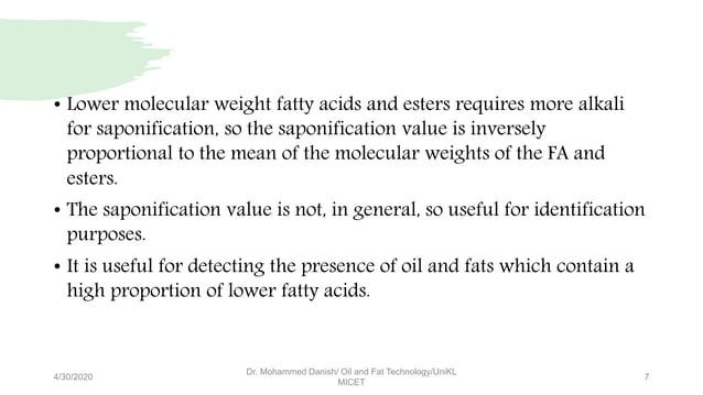 Analysis of oil and Fat(Unit 7) | PPTX | Chemistry | Science