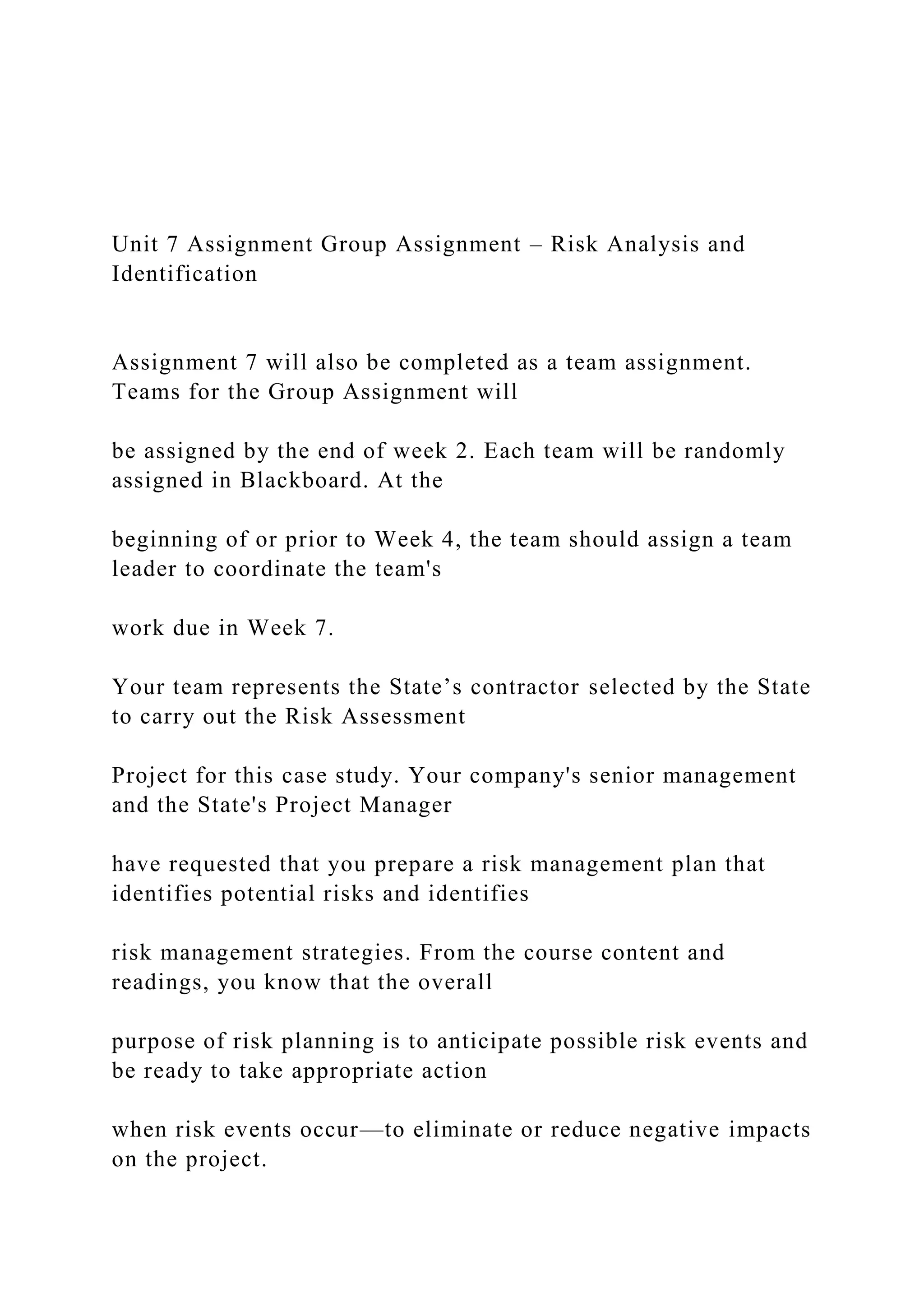 Unit 7 Assignment Group Assignment – Risk Analysis and Ident | DOCX
