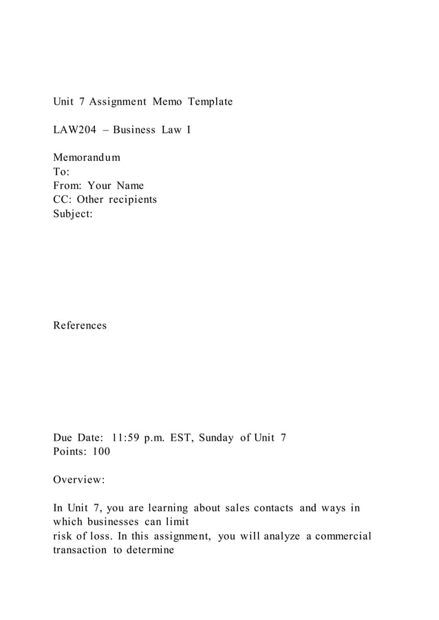 Unit 7 assignment memo template law204 – business law i me | DOCX