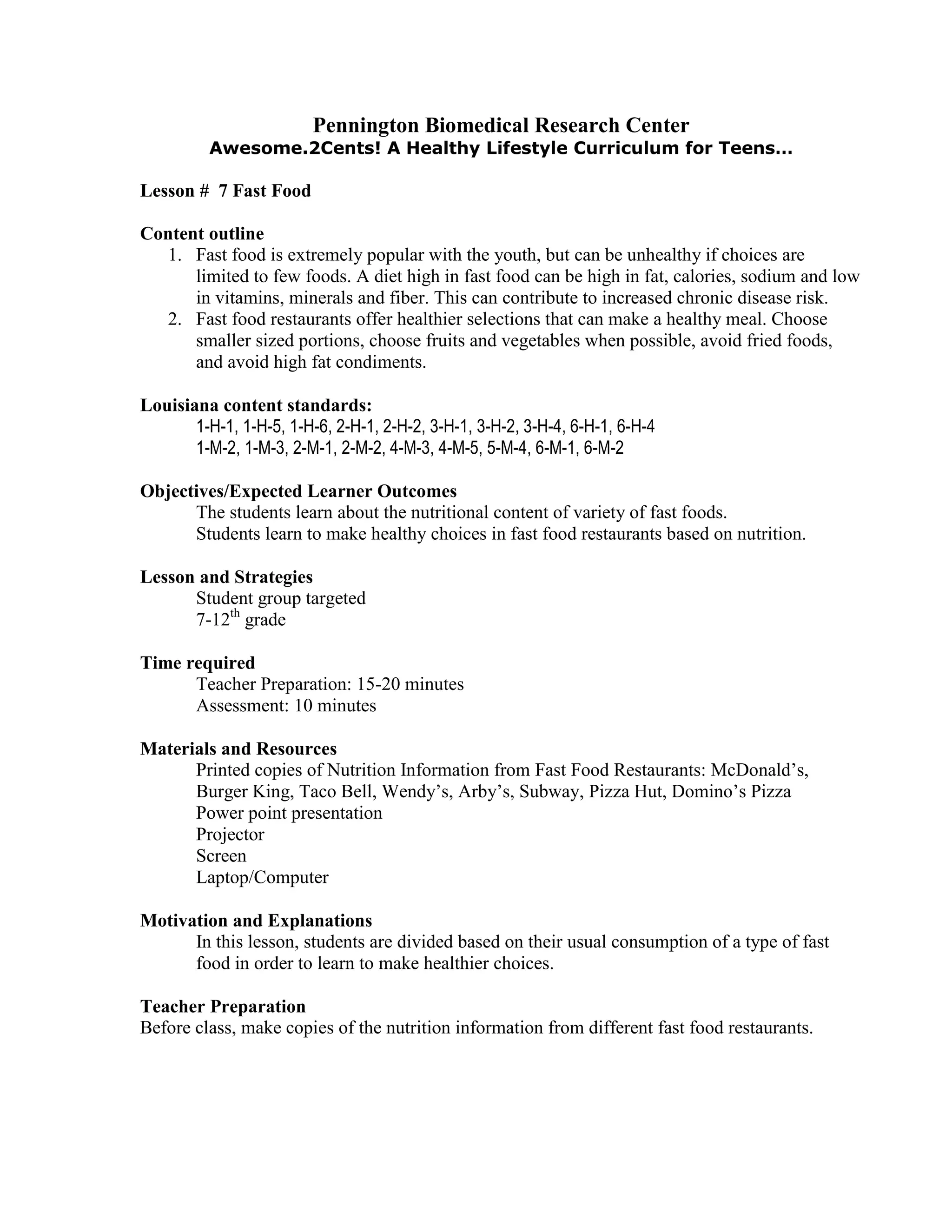 Unit 7 fast food lesson plan | PDF