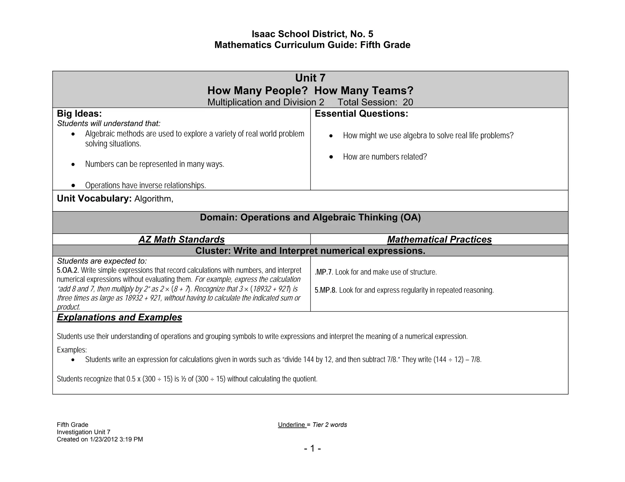 Unit 7 Fifth Grade cs 2012 2013 | PDF | Homework and Study | Education