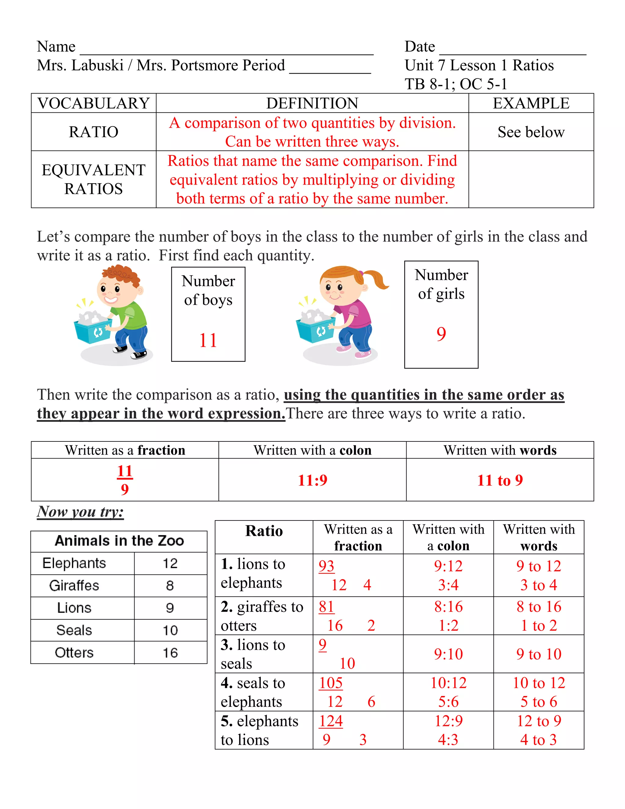 Unit 7 lesson 1 ratios equivalent ratios | DOCX