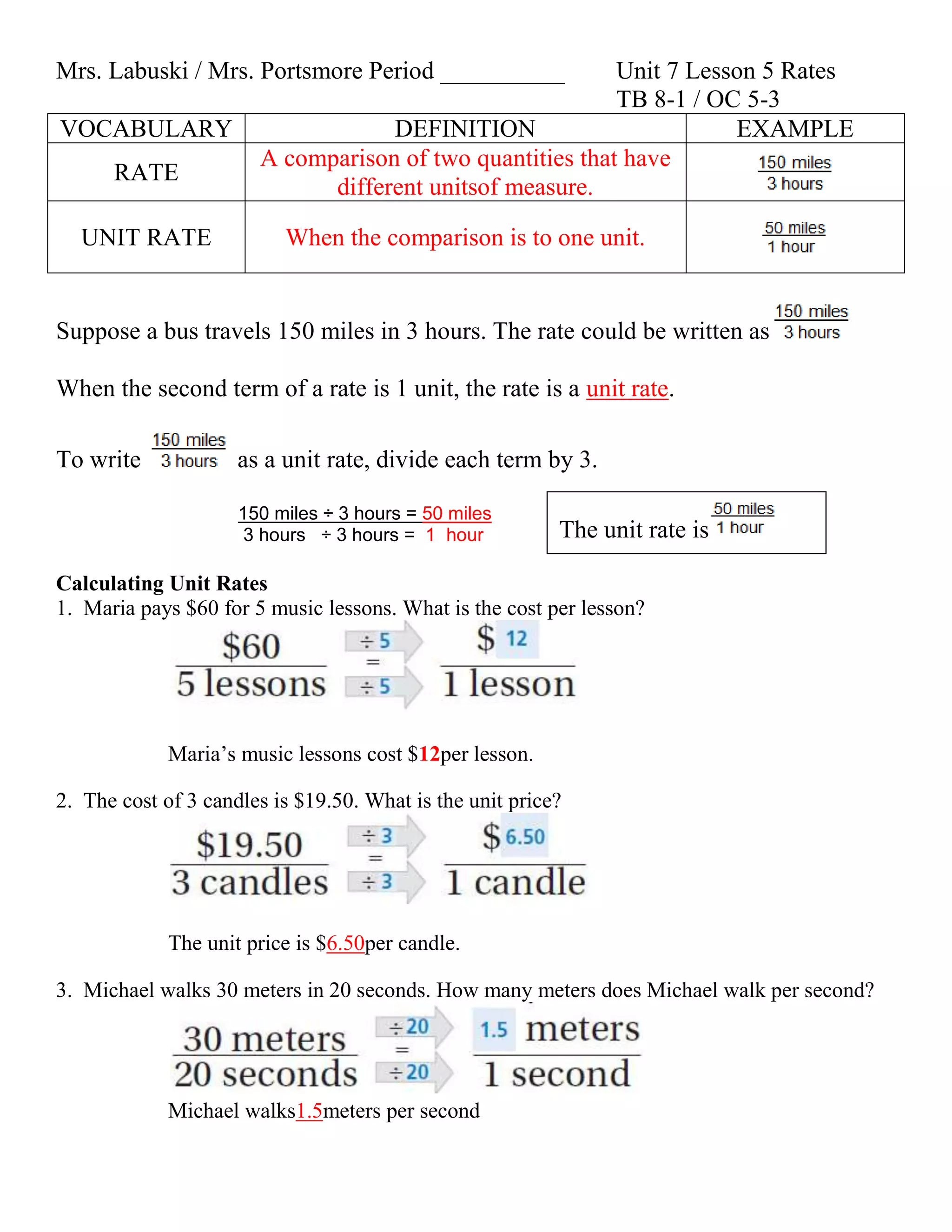 Unit 7 lesson 5 rates unit rates | PDF