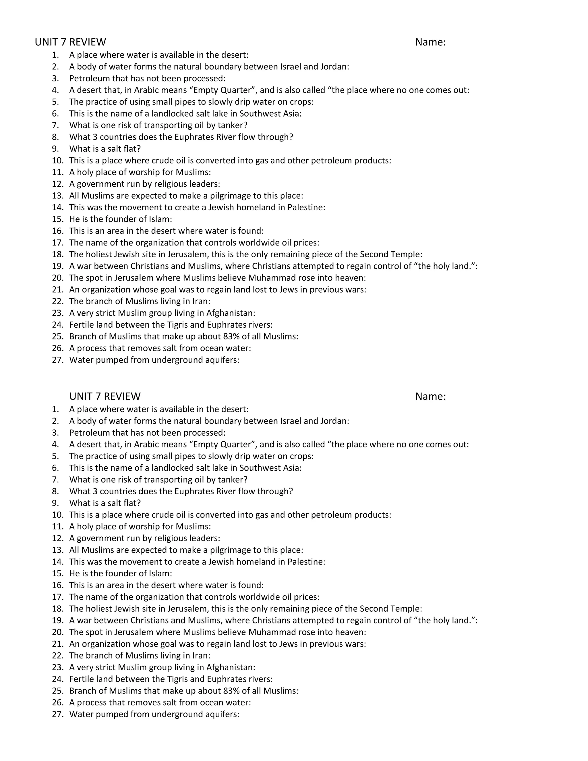 Unit 7 review 2012 | PDF