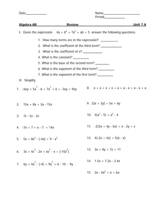 Unit 7 Review A | PDF