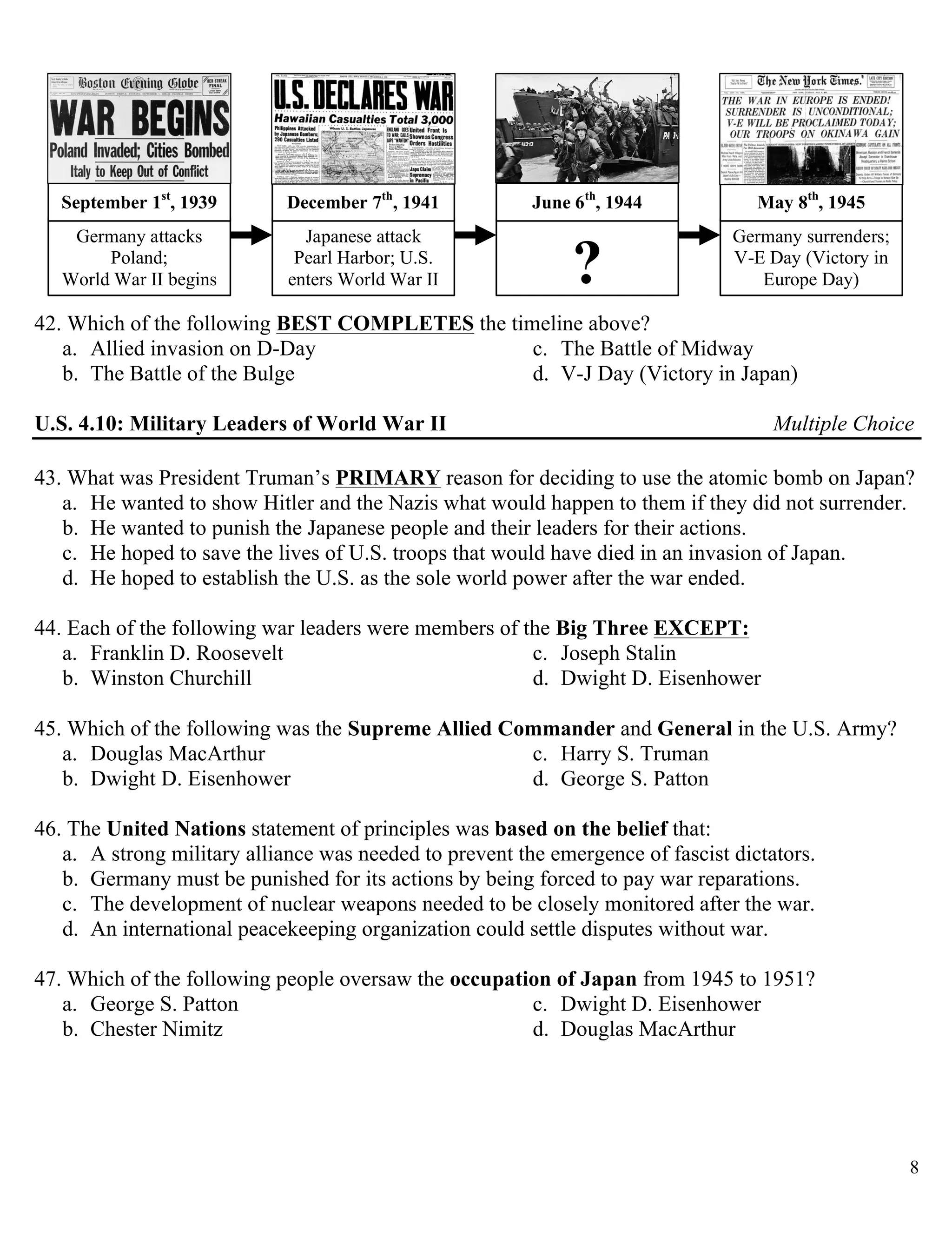 Unit 7: World War II [Assessment] | PDF