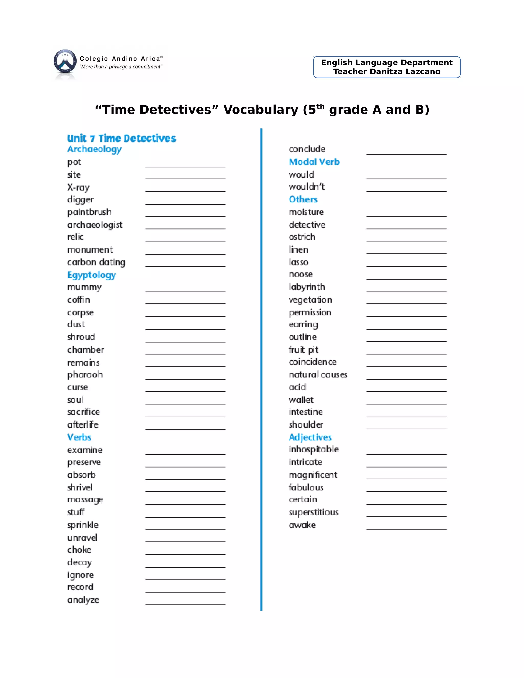 Unit 7 Time Detectives Vocabulary | PDF