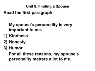 Unit 8. Finding a Spouse focus on writing | PPTX