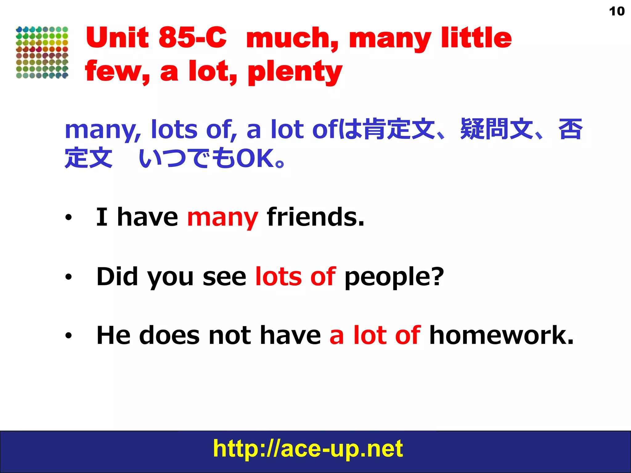 わかる中級英文法 Grammar in Use Unit 85 much, many little, few, a lot , plenty ...