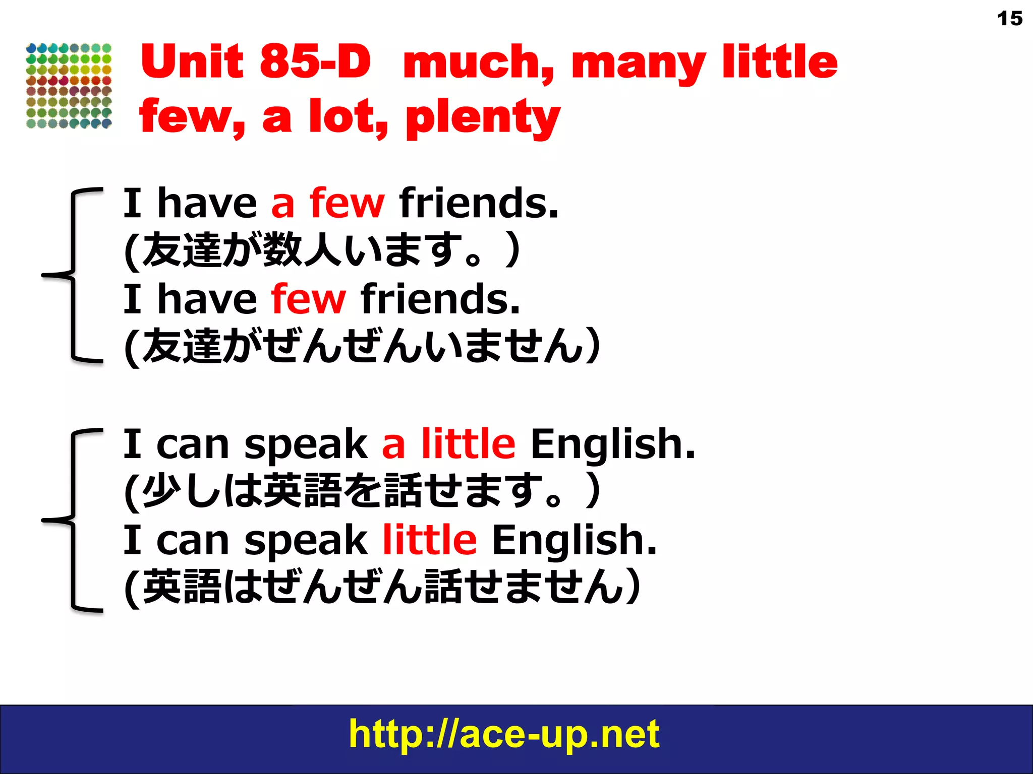 わかる中級英文法 Grammar in Use Unit 85 much, many little, few, a lot , plenty ...