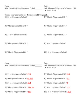 Unit 8 lesson 3 hw percent of a number | PDF