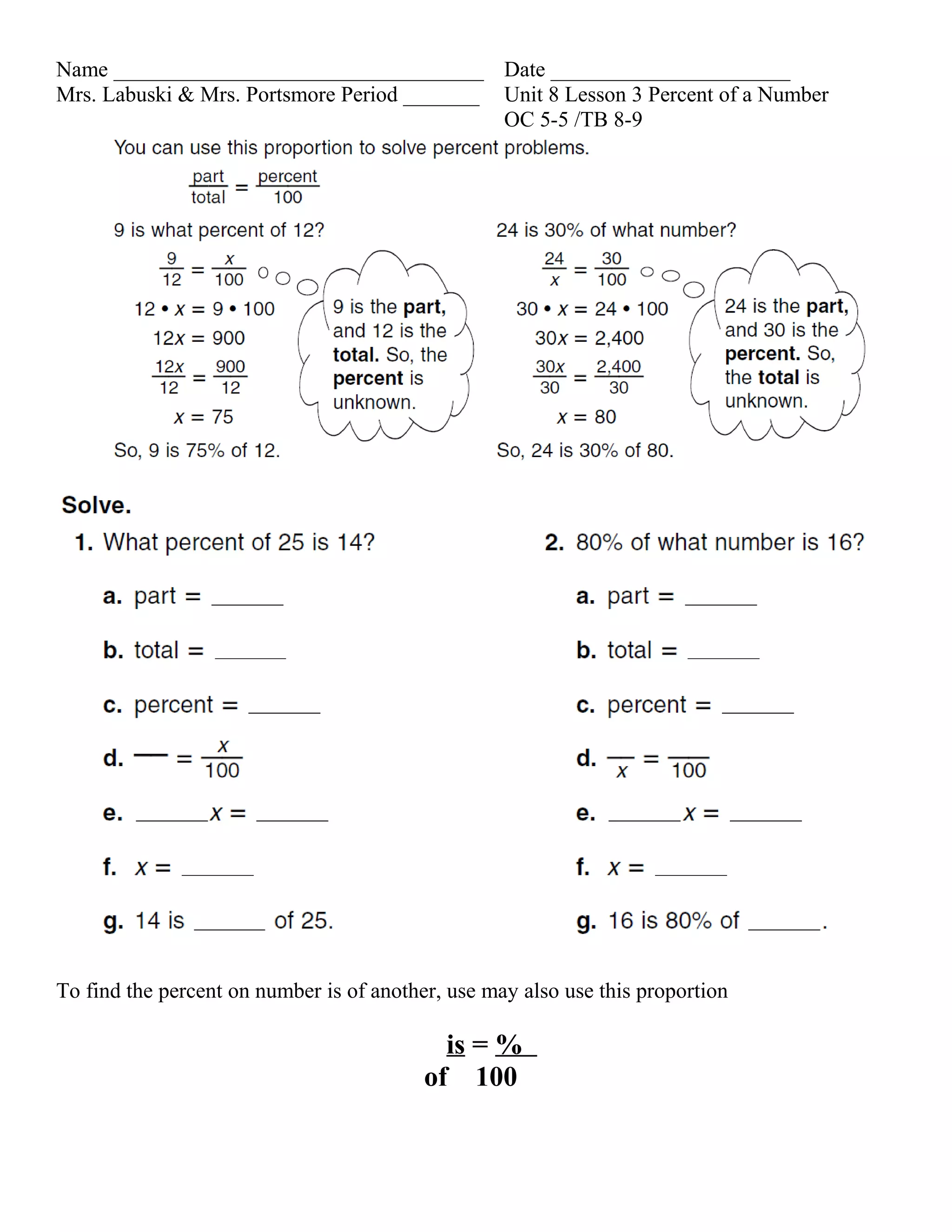 Unit 8 lesson 3 percent of a number | DOC