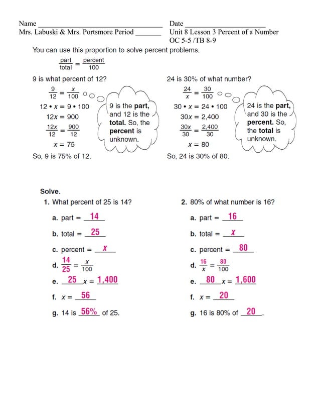 Unit 8 lesson 3 percent of a number | DOC