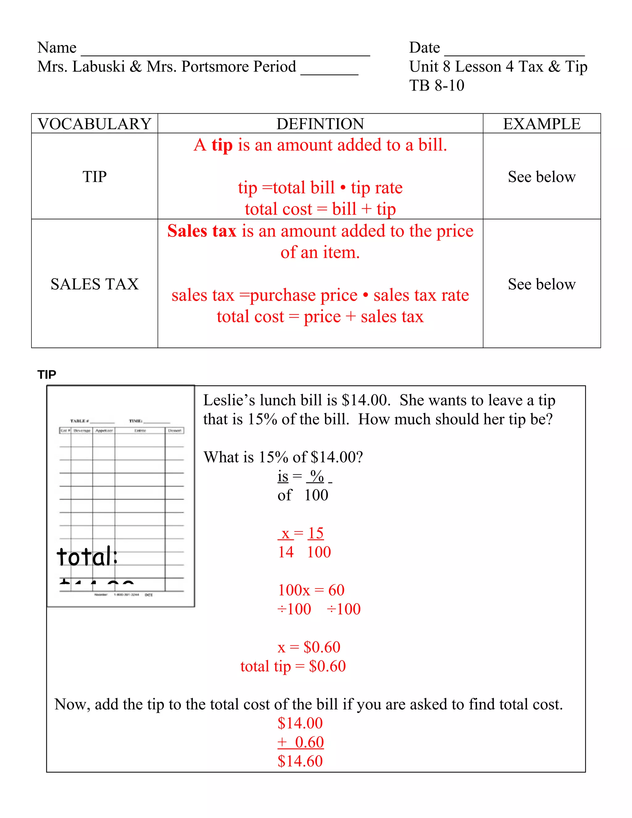 Unit 8 lesson 4 tax & tip | DOC