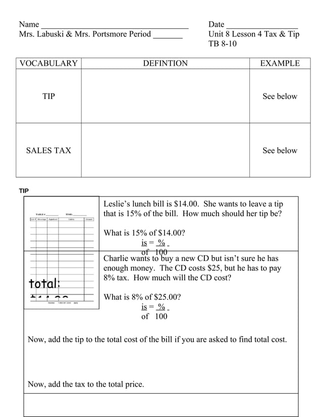 Unit 8 lesson 4 tax & tip | DOC | Business | Business and Finance