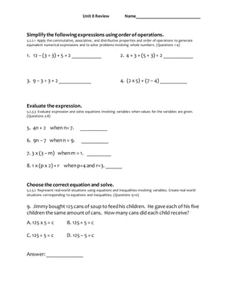 Unit 8- Algebra Review (standards) | DOCX
