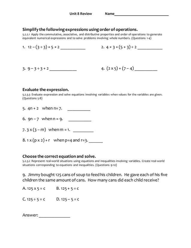 Unit 8- Algebra Review (standards) | DOCX