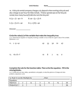 Unit 8- Algebra Review (standards) | DOCX