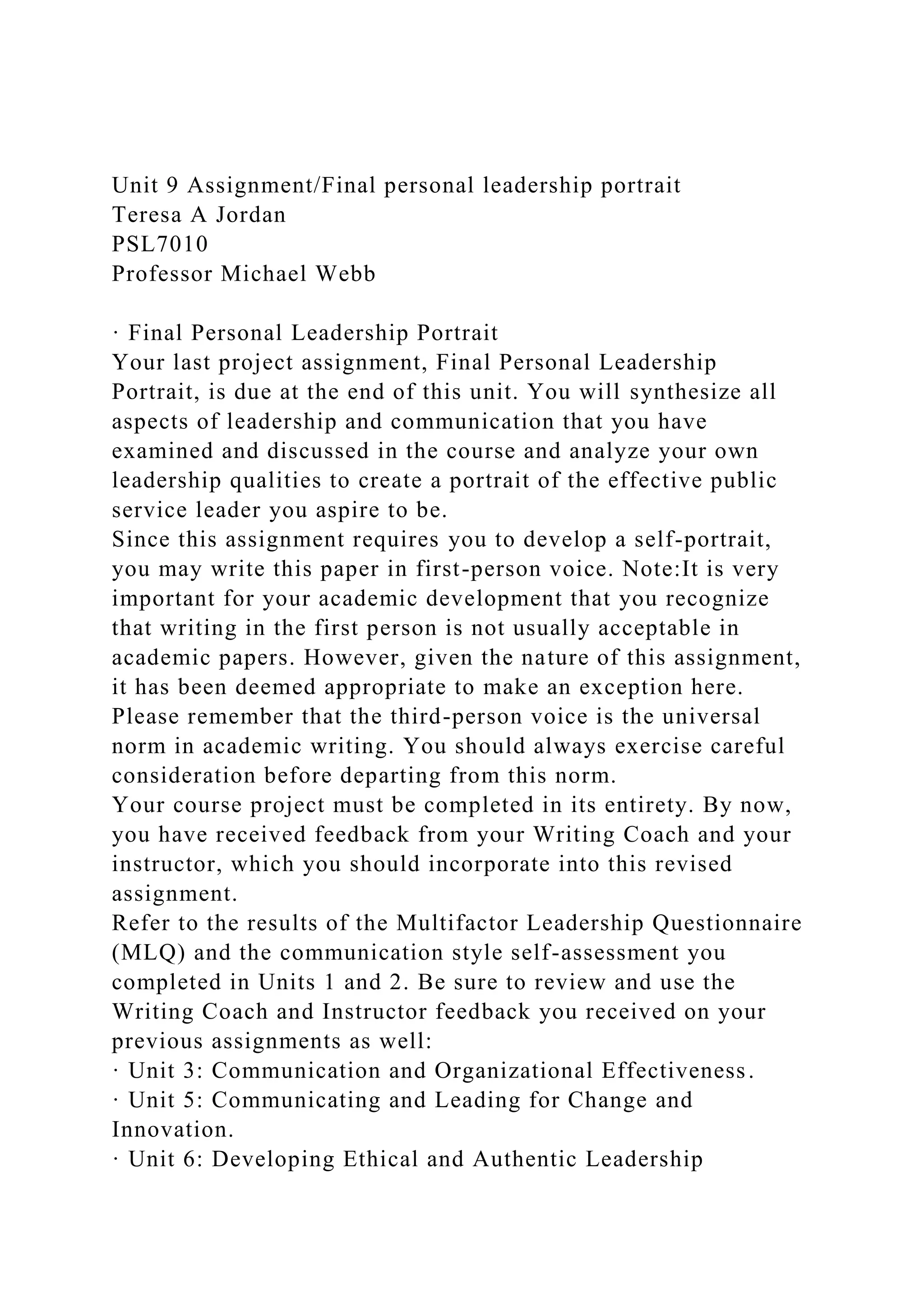 Unit 9 AssignmentFinal personal leadership portraitTeresa A Jor.docx