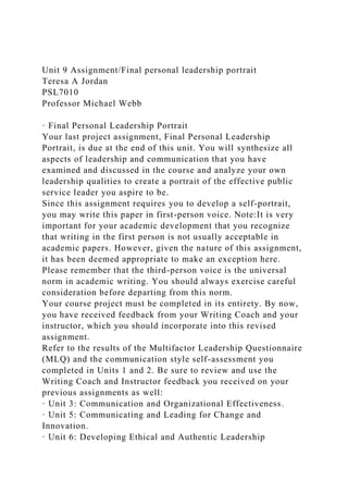 Unit 9 AssignmentFinal personal leadership portraitTeresa A Jor.docx