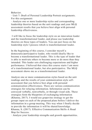 Unit 9 AssignmentFinal personal leadership portraitTeresa A Jor.docx