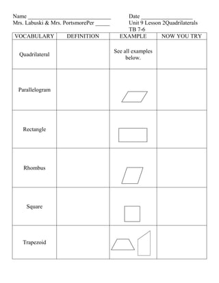Unit 9 lesson 2 quadrilaterals | DOCX
